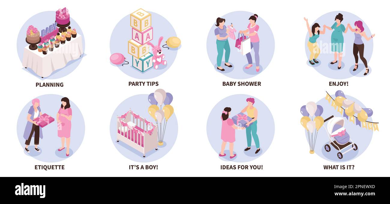 Baby shower round set with ideas for celebration symbols isometric ...