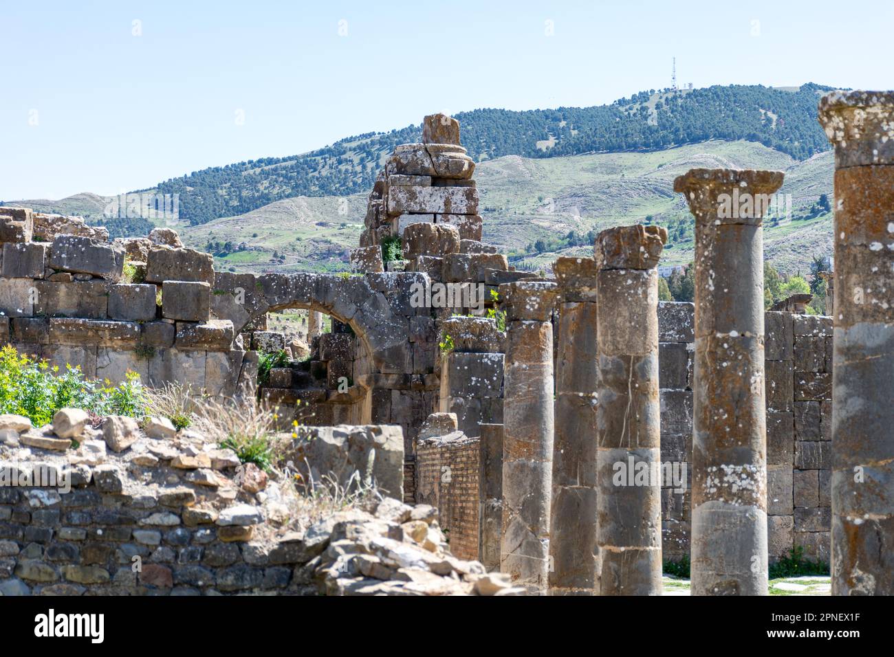 View of Roman columns in the ancient city of Cuicul-Djemila. UNESCO ...