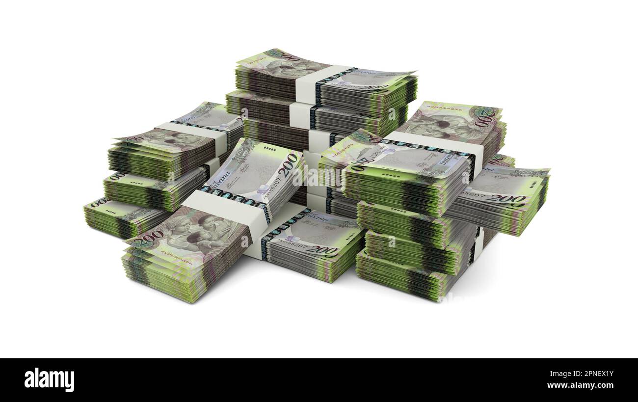 Stack of Botswanan Pula notes. 3D rendering of bundles of banknotes ...