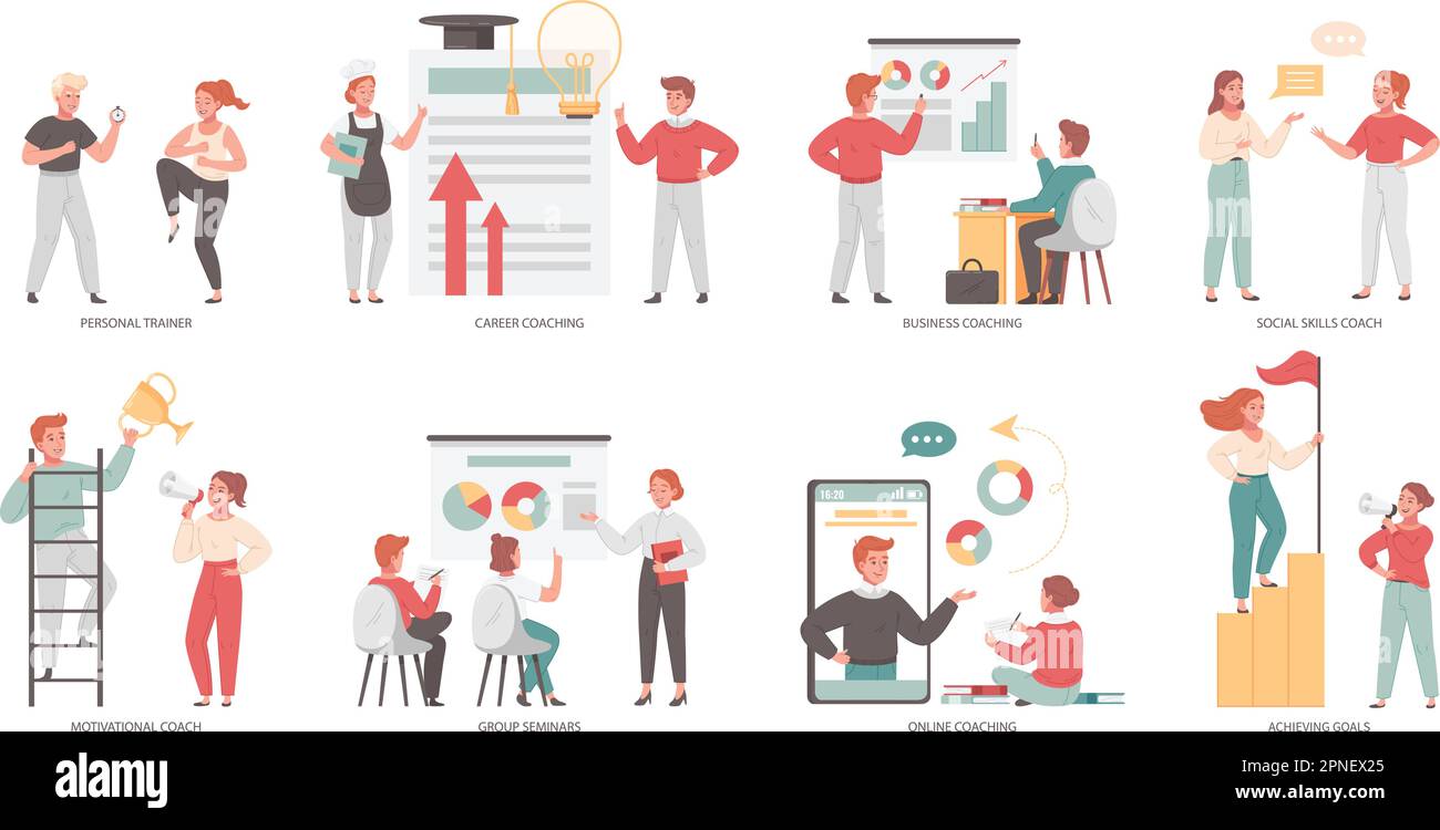 Coaching flat icons set with fitness and business training scenes ...