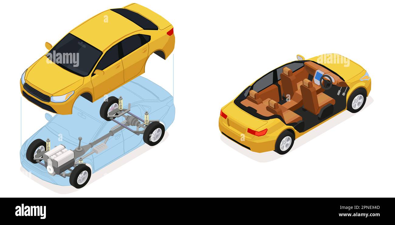 Car parts spares isometric composition with set of two profile view ...