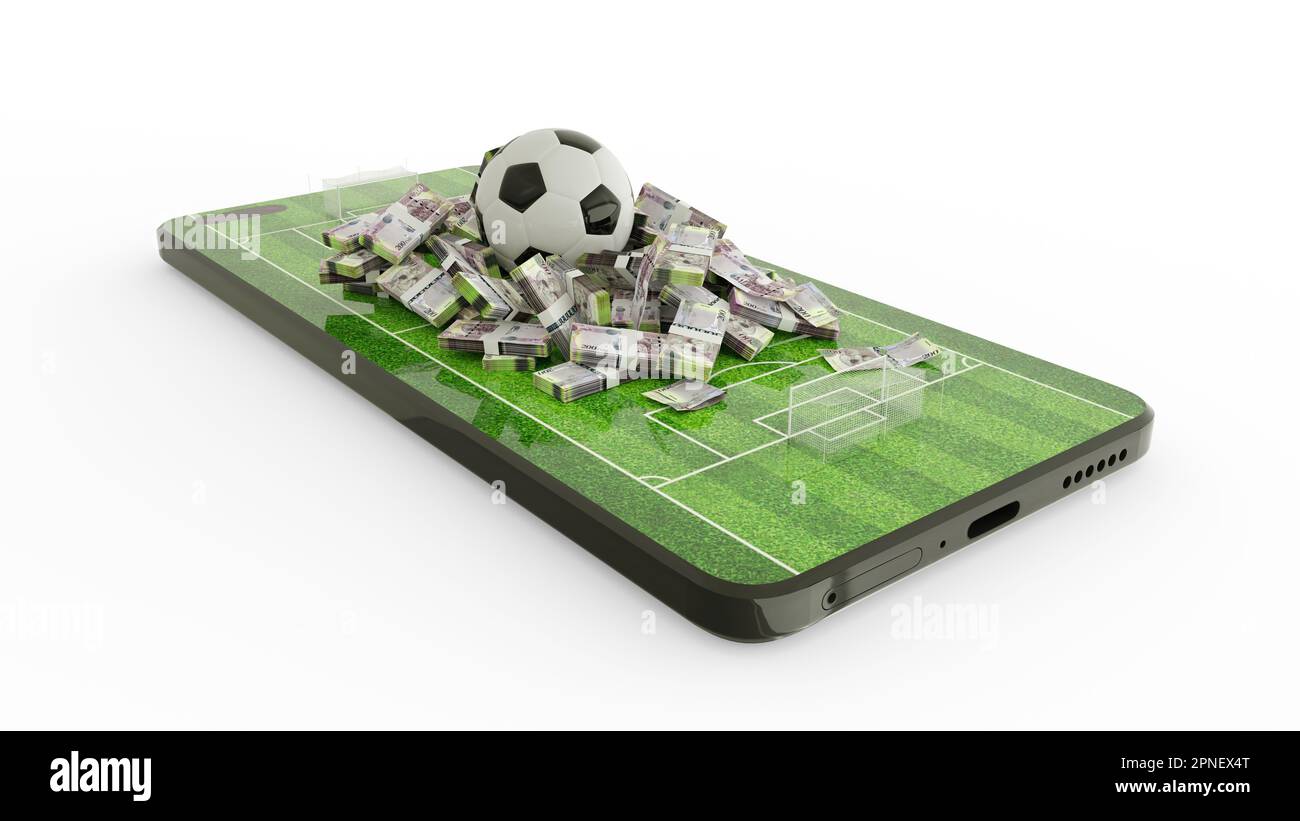 Soccer betting concept. Football and Botswanan Pula notes on phone ...