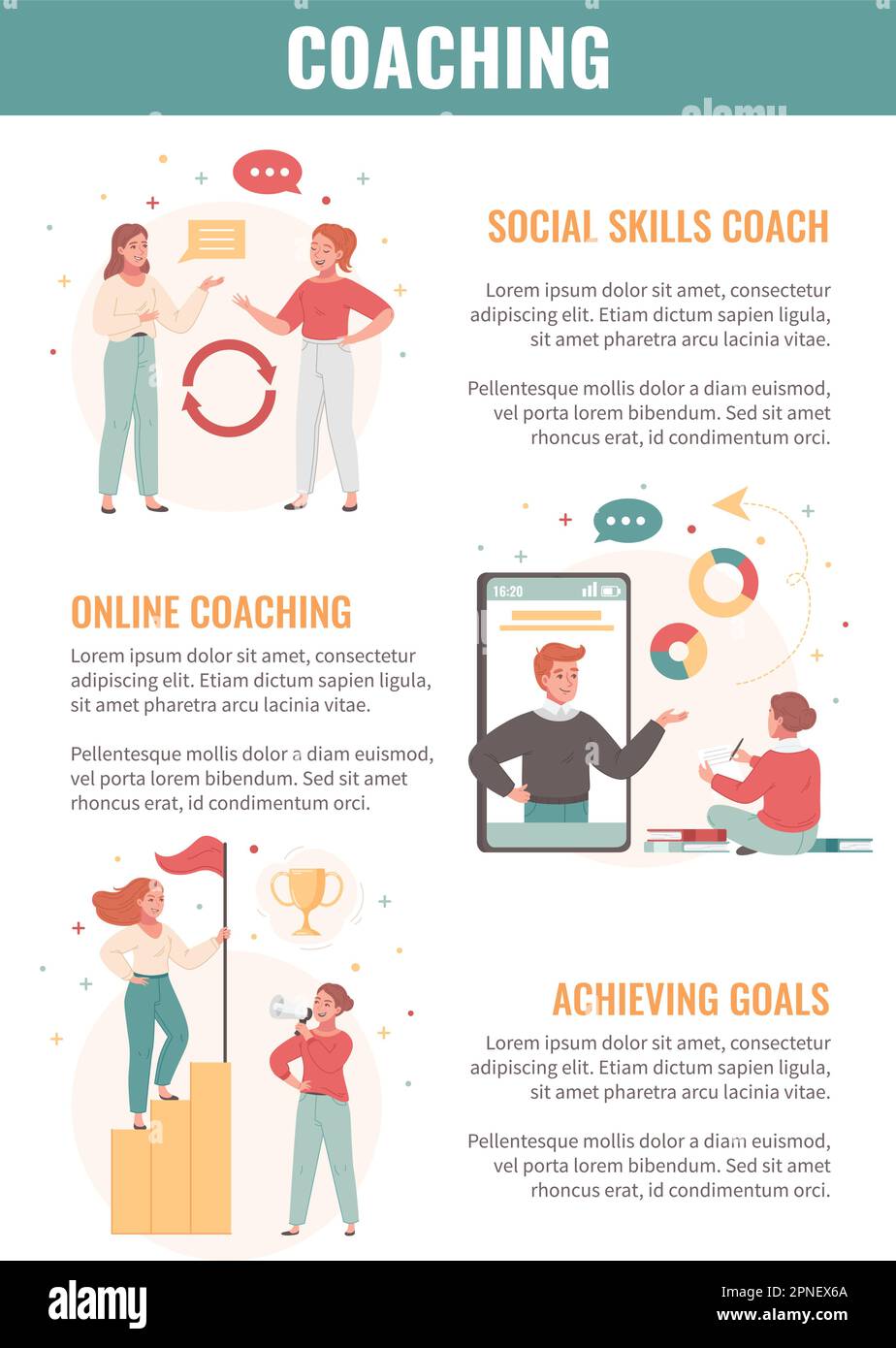 Coaching flat cartoon concept with achieving and social skill training ...