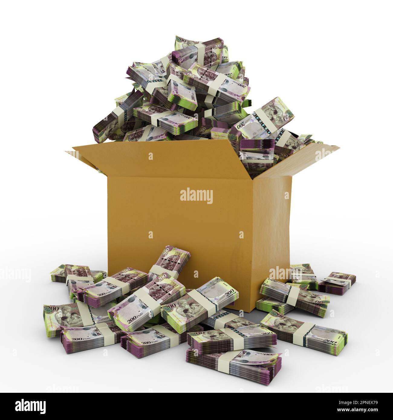 3d rendering of cardboard box full of Botswanan Pula notes isolated on ...