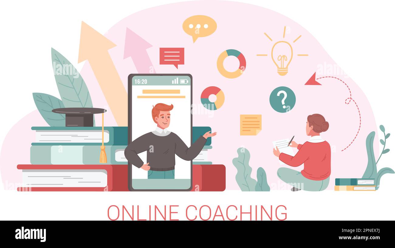 Coaching flat cartoon concept with online training scene vector ...