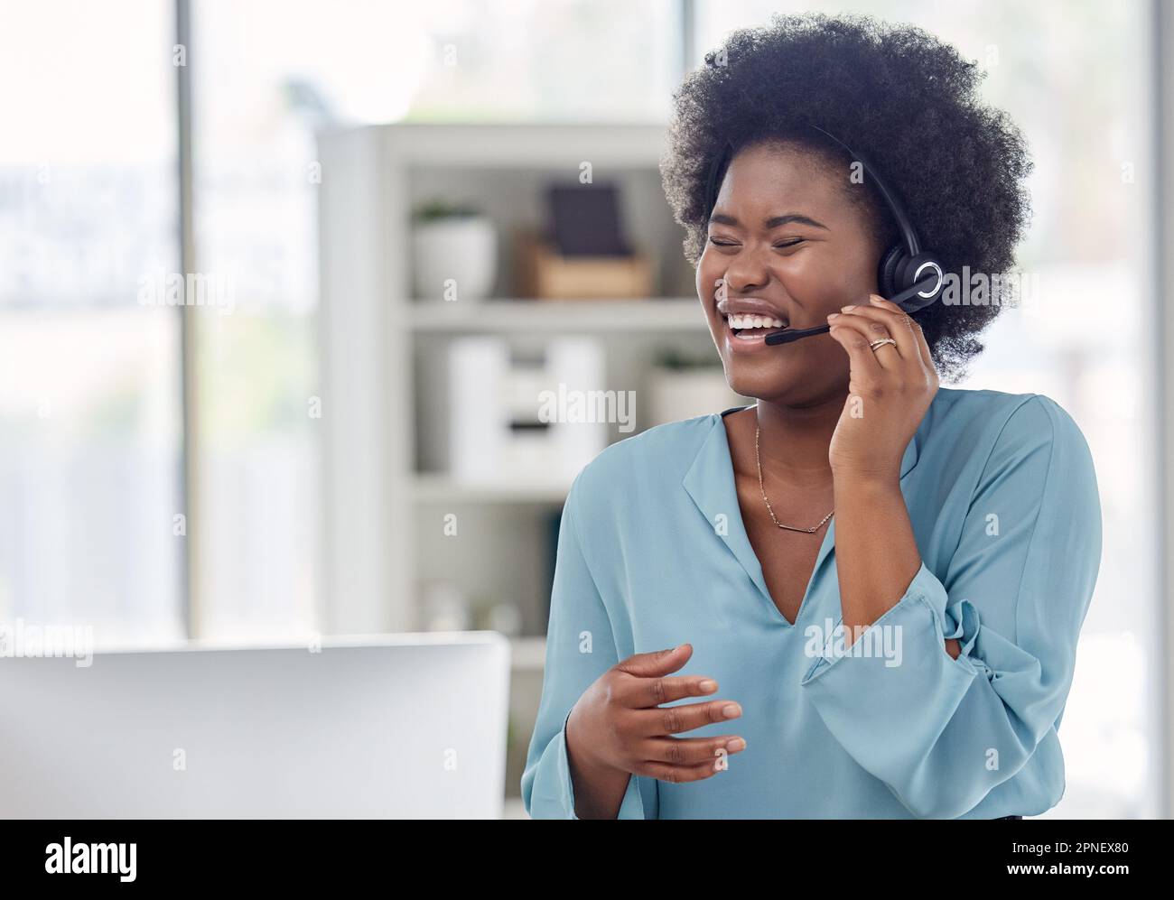 Call center, consulting and laughing with black woman in office for ...
