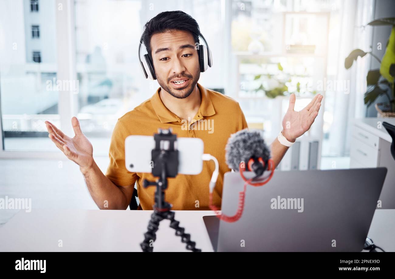 Podcast, explain and influencer with a man content creator recording a ...