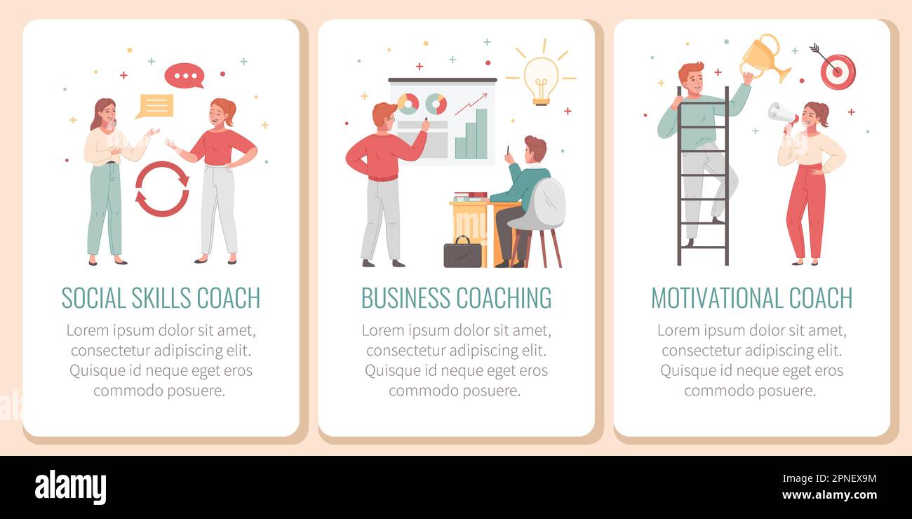 Training flat banner set with business and motivational coaching ...