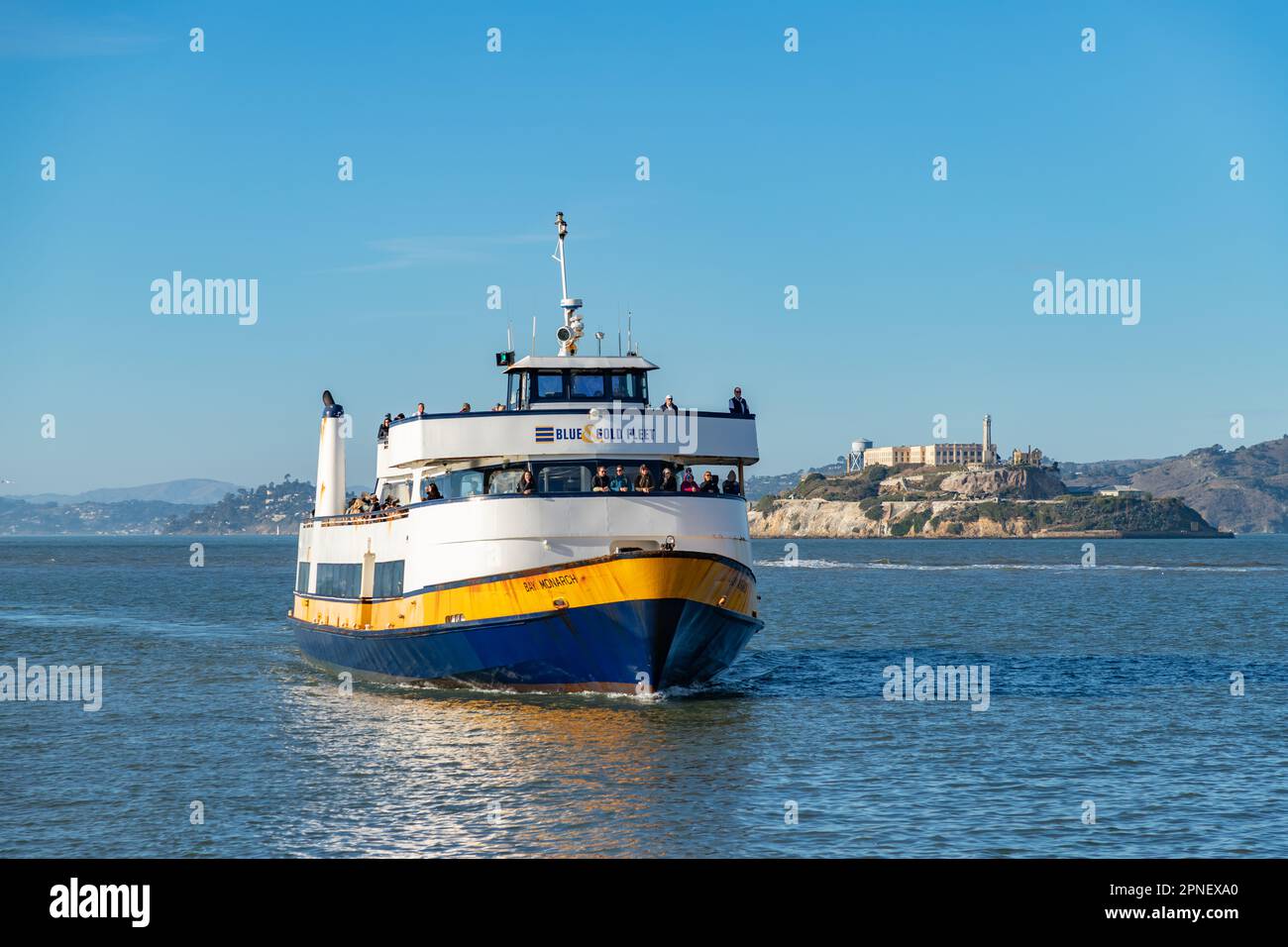 A picture of a Blue and Gold cruise boat in the San Francisco Bay, with ...