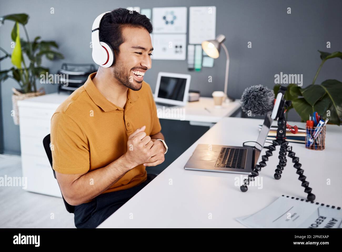 Podcast, smile and live stream with a man influencer recording ...