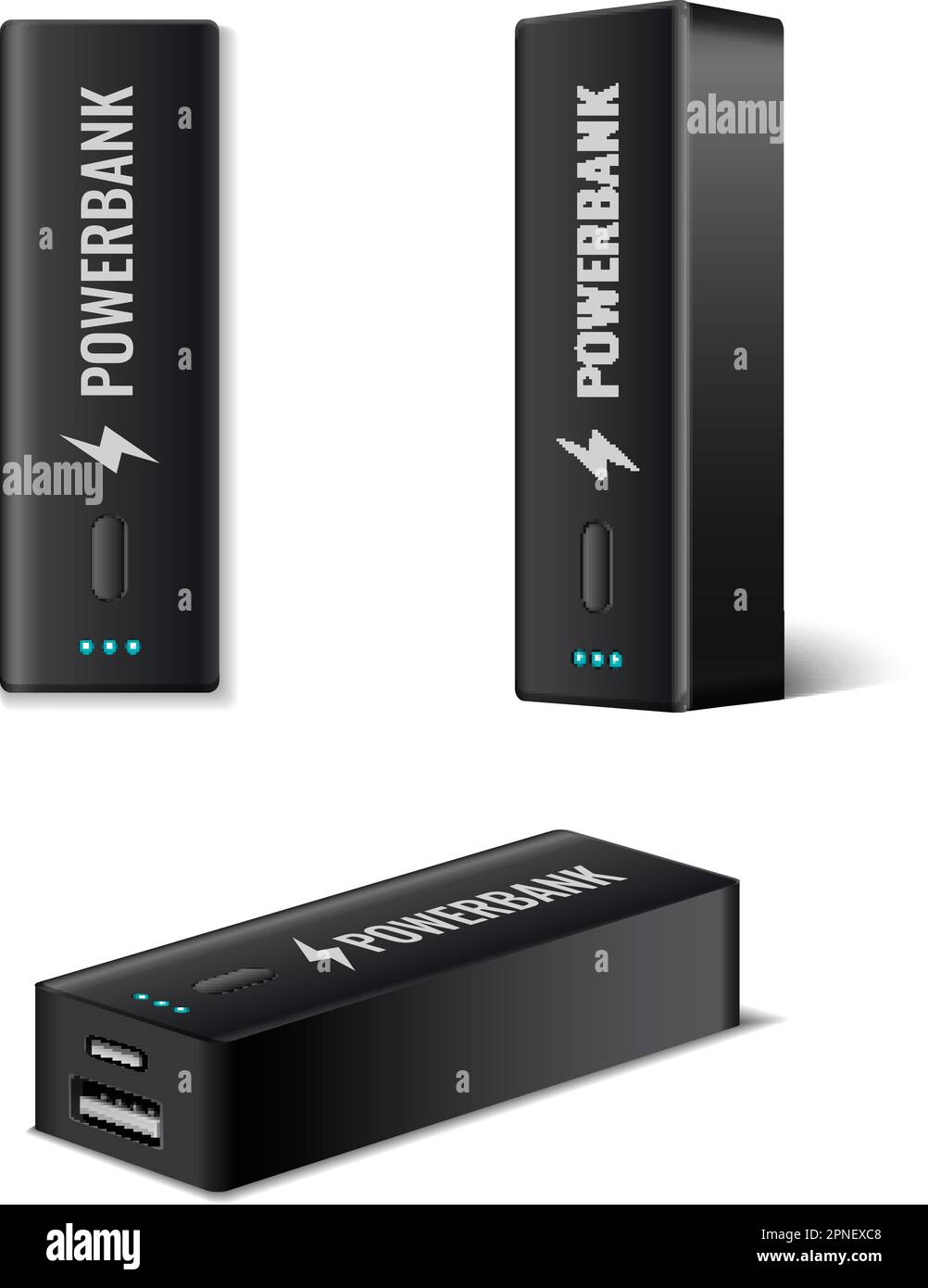Powerbank realistic icons set with black battery charger devices ...