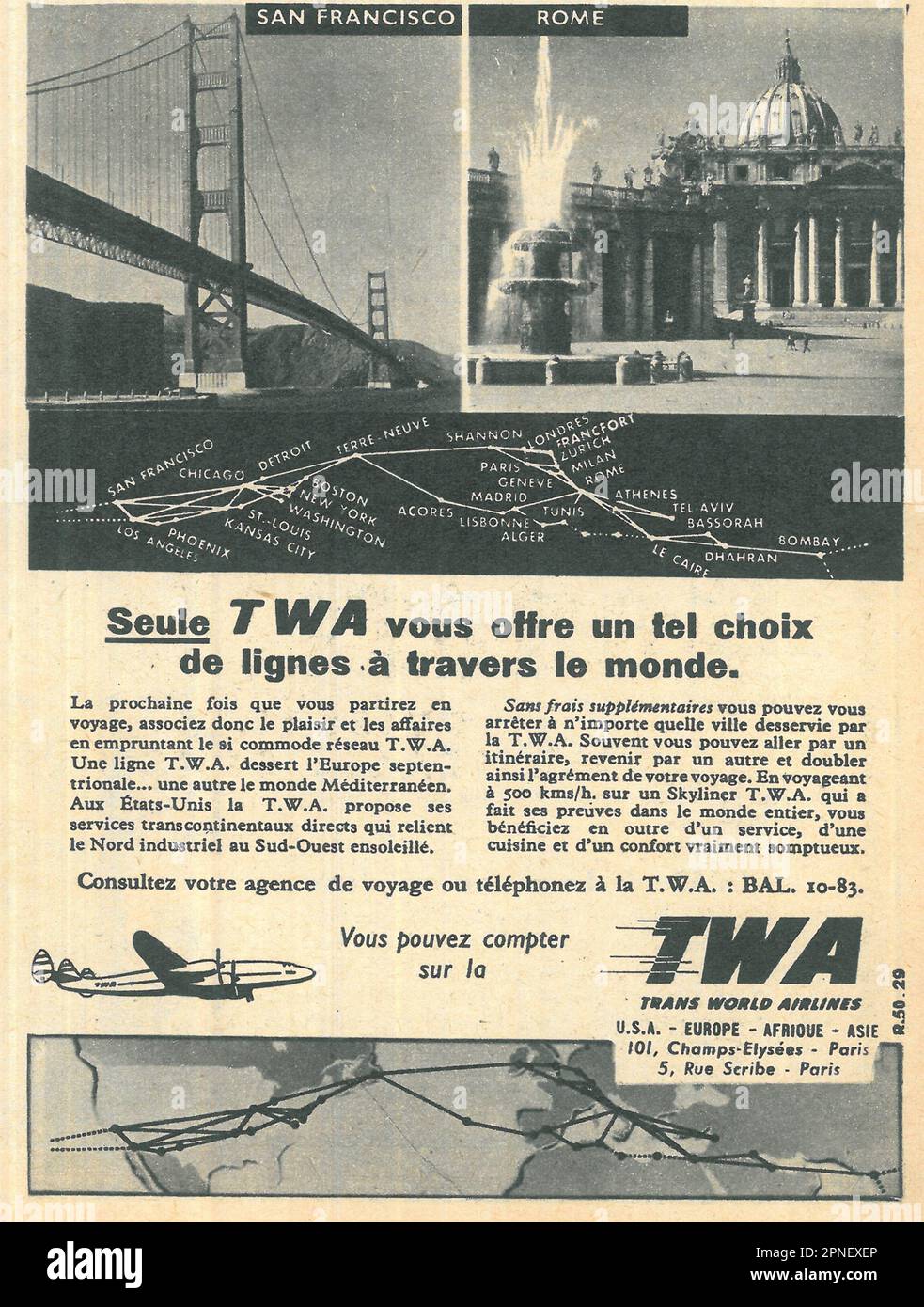 TWA Trans World Airlines French print ad,1951 Stock Photo - Alamy