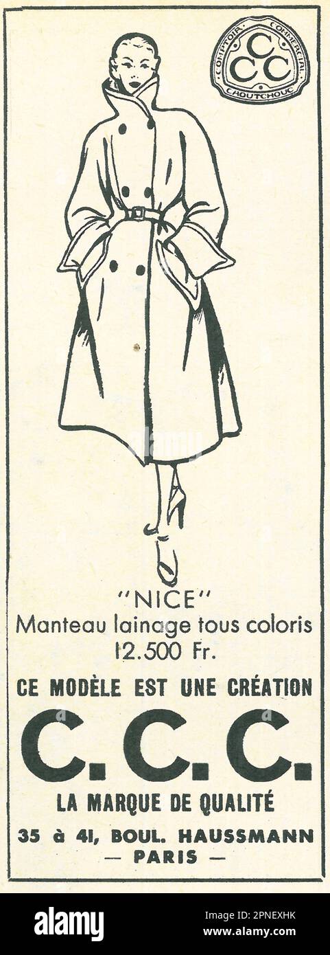 C.C.C. female clothing, manteau, coats French print ad, 1951 Stock ...