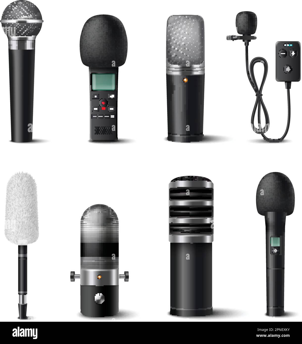 Microphone realistic icons set with audio record equipment isolated ...