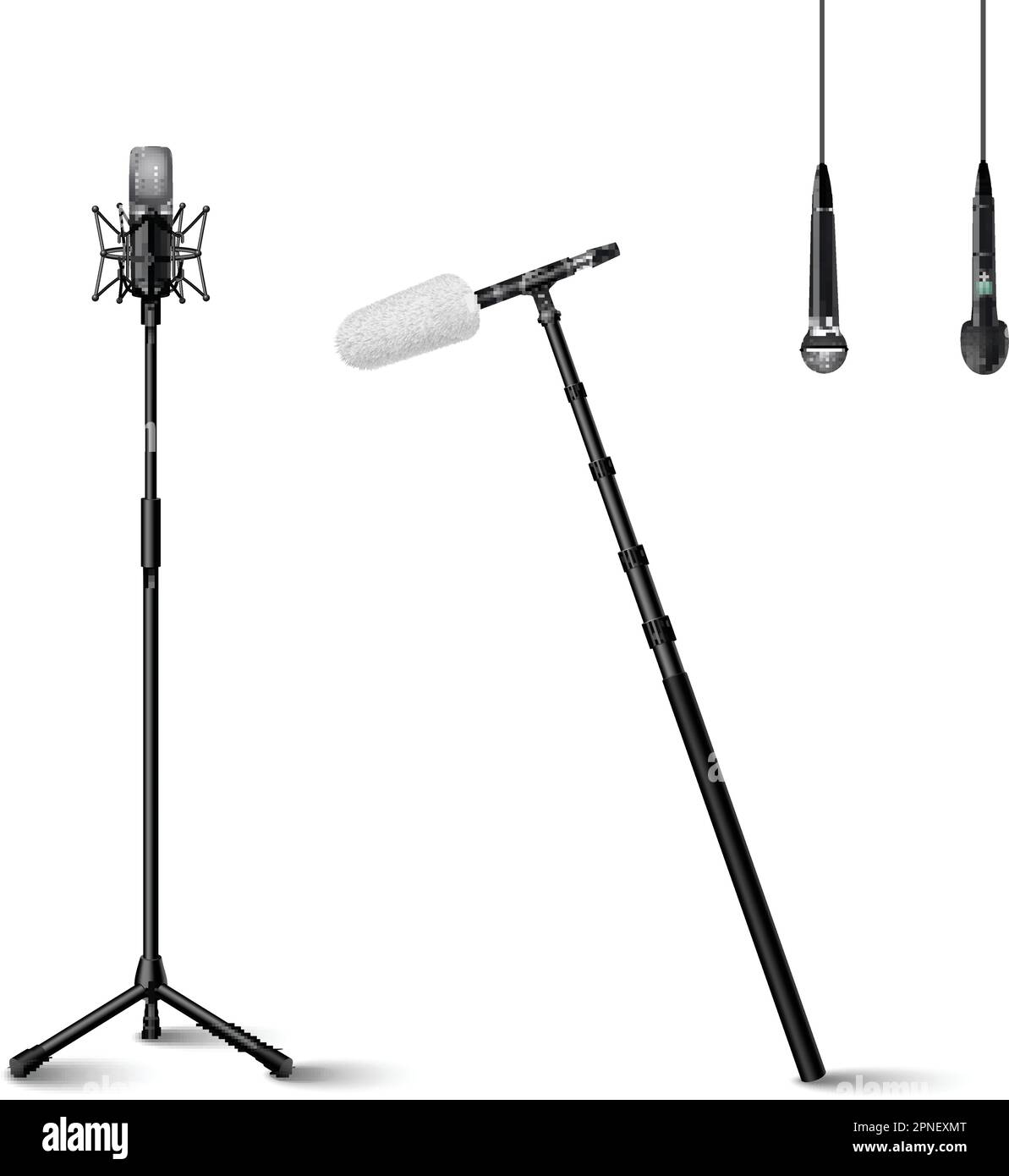 Microphone realistic icons set with standing and hanging audio ...