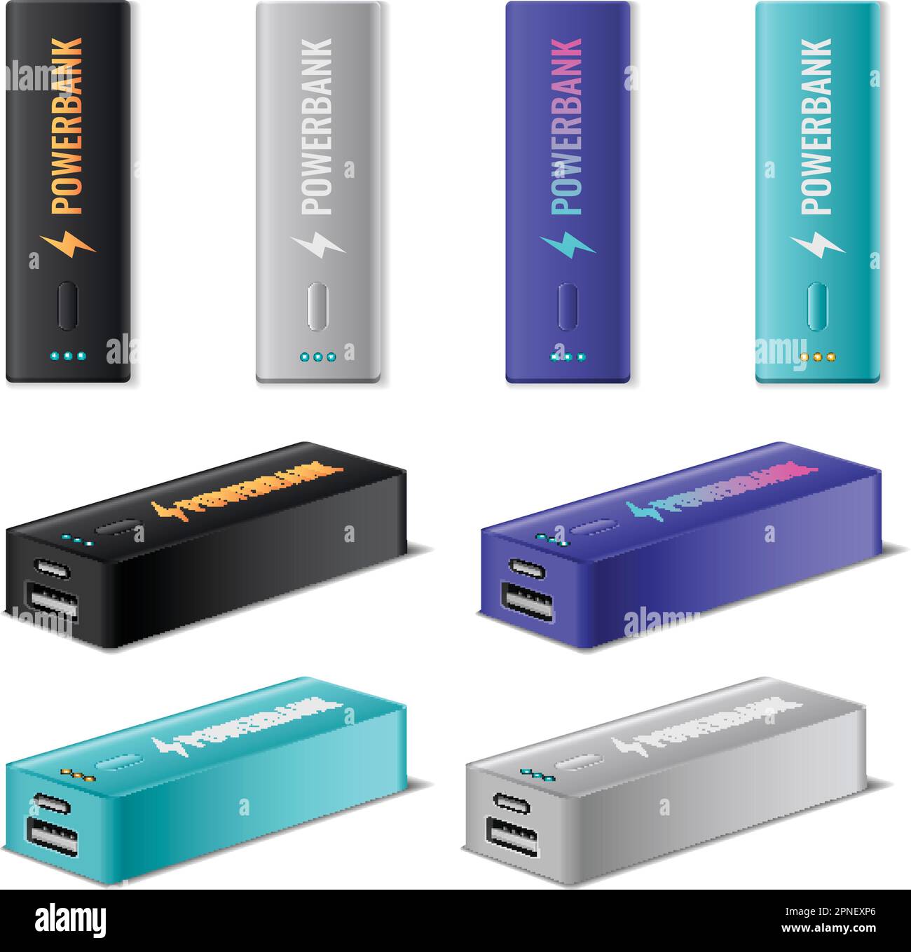Powerbank realistic icons set with multicolored battery chargers ...