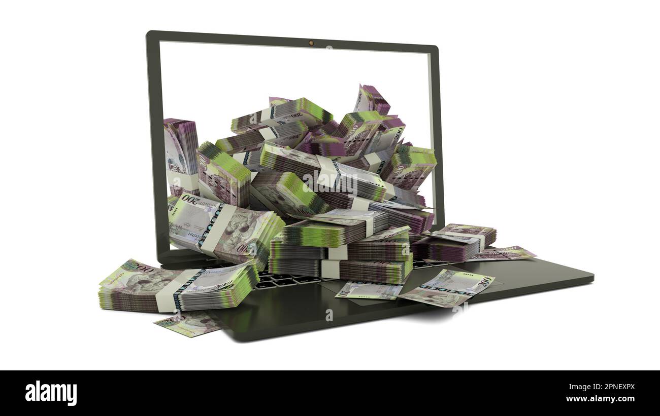 3D rendering of Botswanan Pula notes coming out of a Laptop monitor ...
