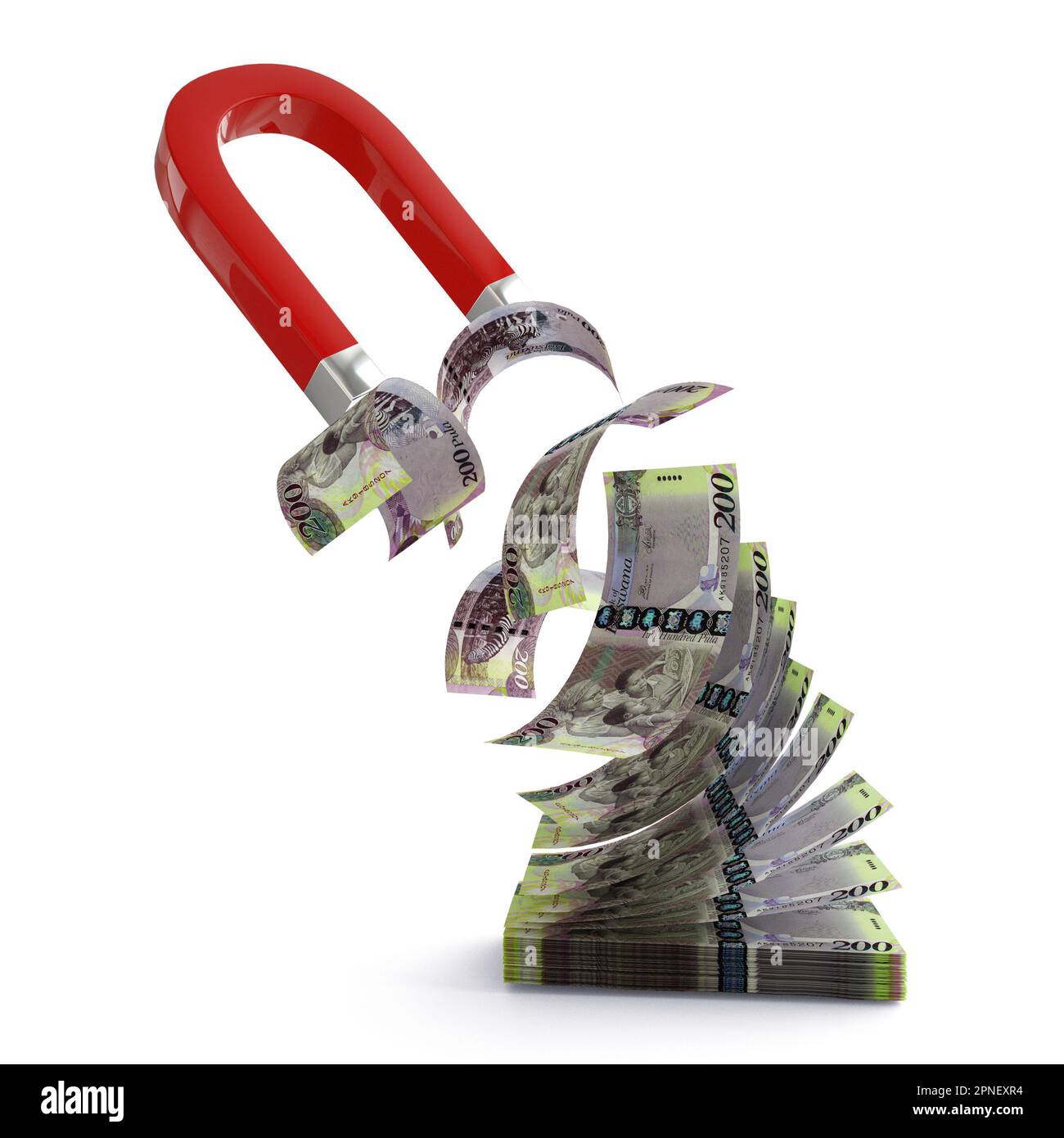 3D rendering of Horseshoe magnet attracting Botswanan Pula notes ...