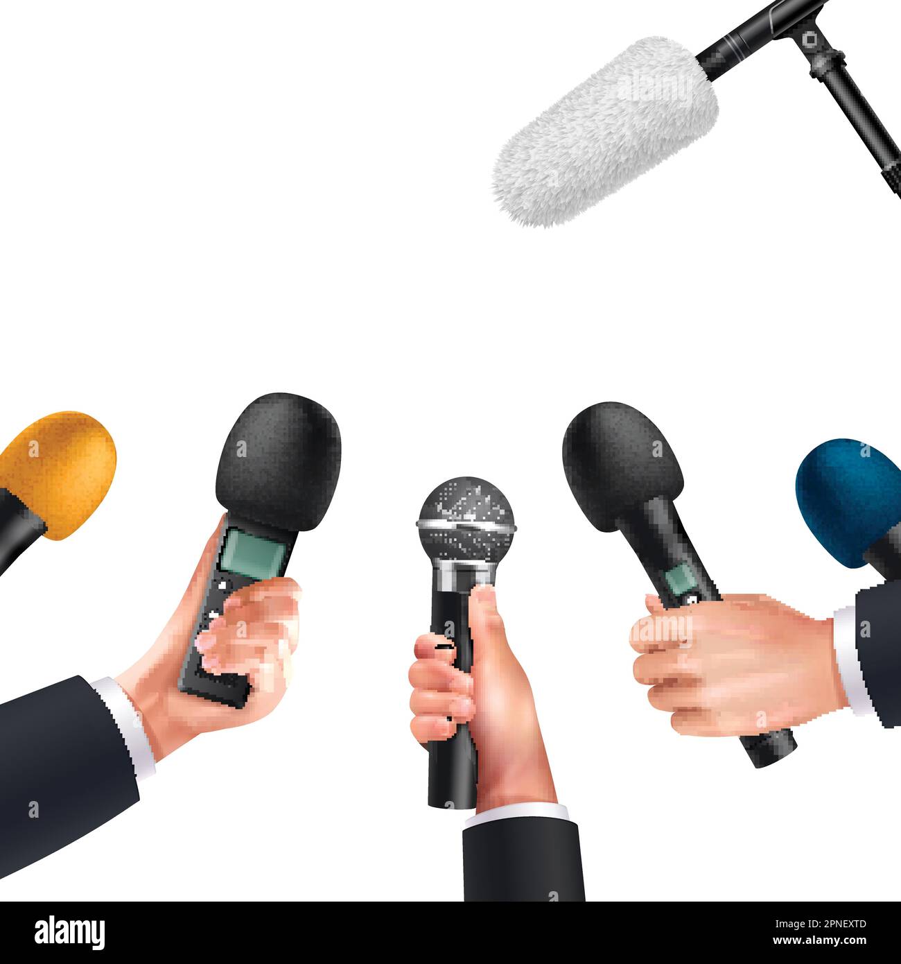 Microphone realistic icons set with reporter hands holding audio ...