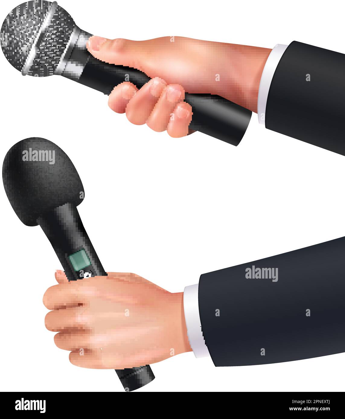 Microphone realistic set with journalist hands holding audio equipment vector illustration Stock ...
