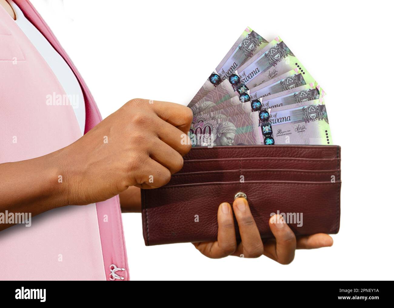 fair Female Hand Holding brown Purse With Botswanan Pula notes, hand ...
