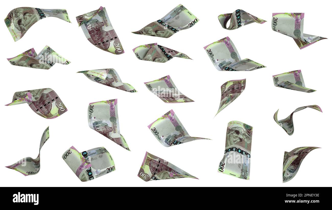 3D rendering of set of Botswanan pula notes flying in different angles ...