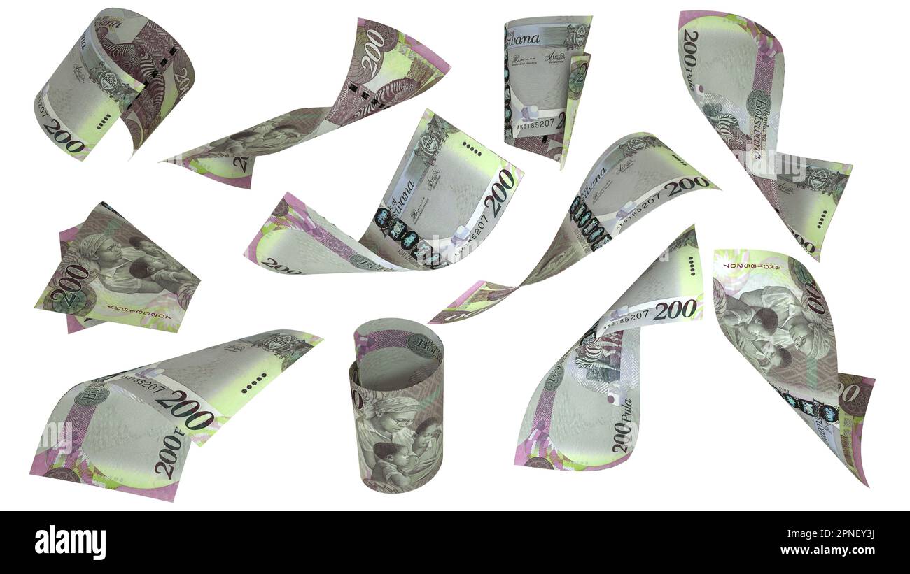 3D rendering of set of Botswanan pula notes flying in different angles ...