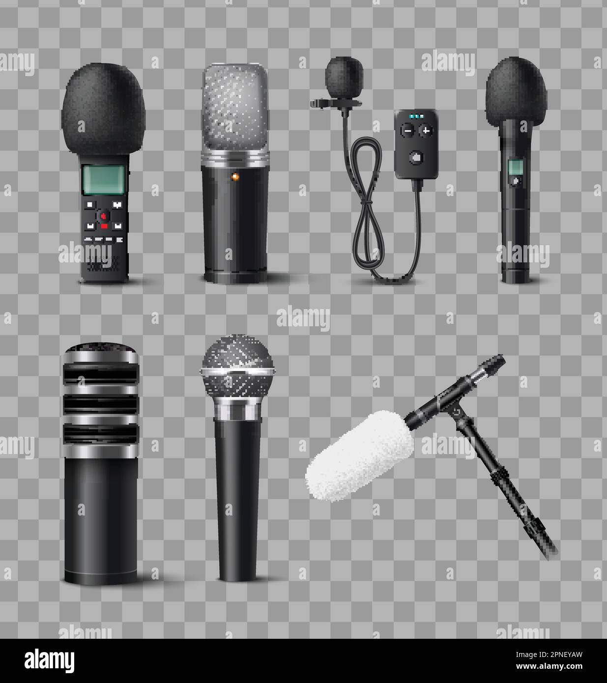 Microphones realistic icons set with audio recording devices on ...