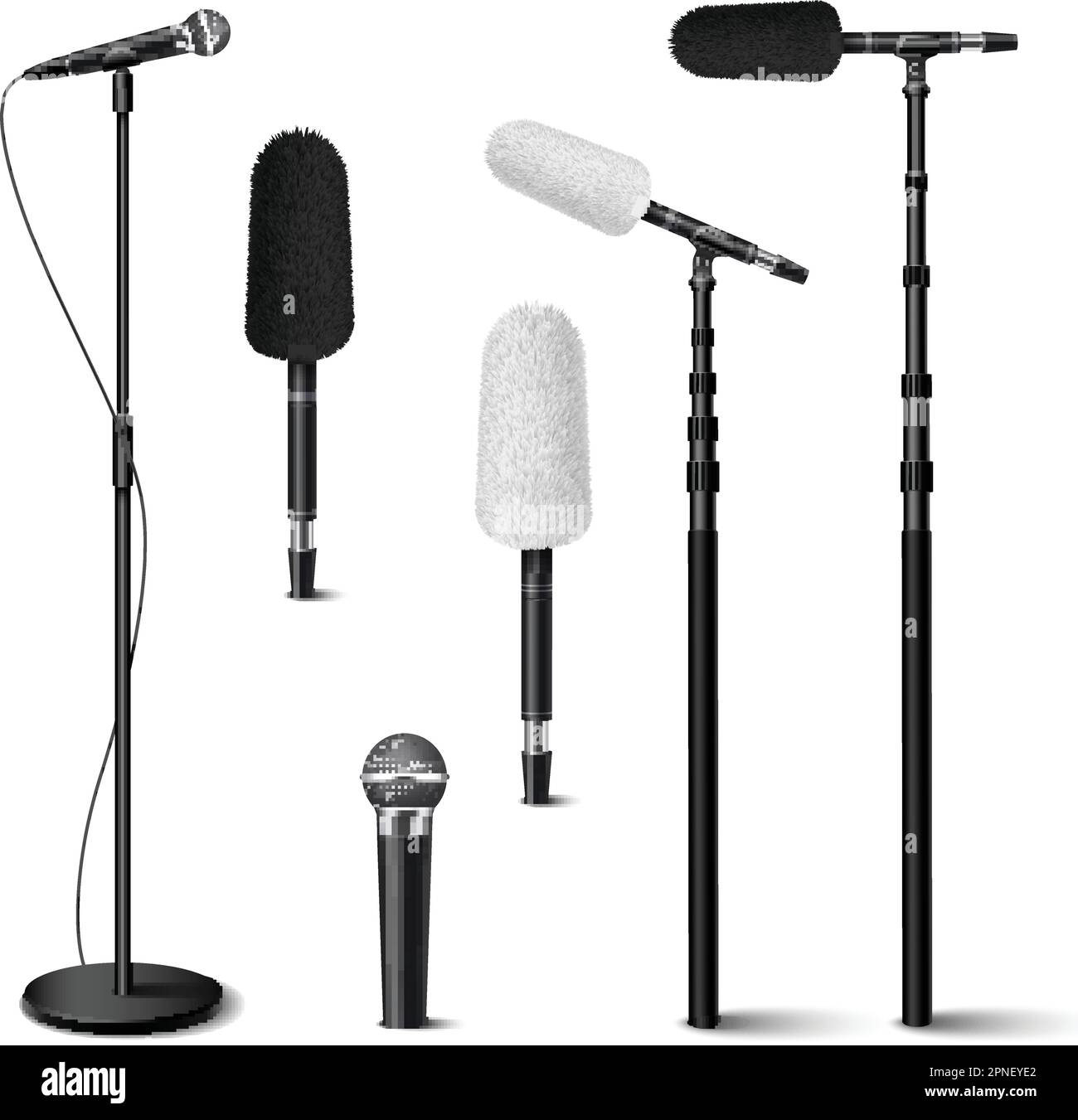 Microphones realistic icons set with classic metal audio devices ...