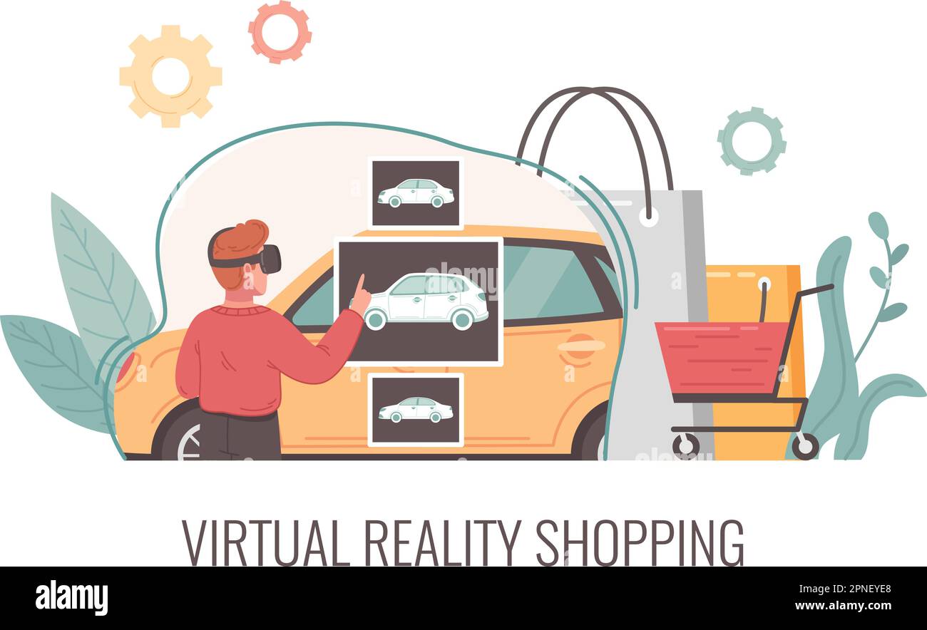 Virtual reality cartoon concept with man in vr headset choosing car ...