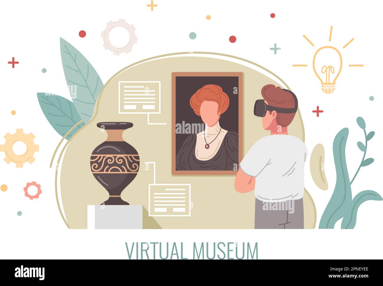 Virtual reality museum cartoon concept with man having exhibition tour ...