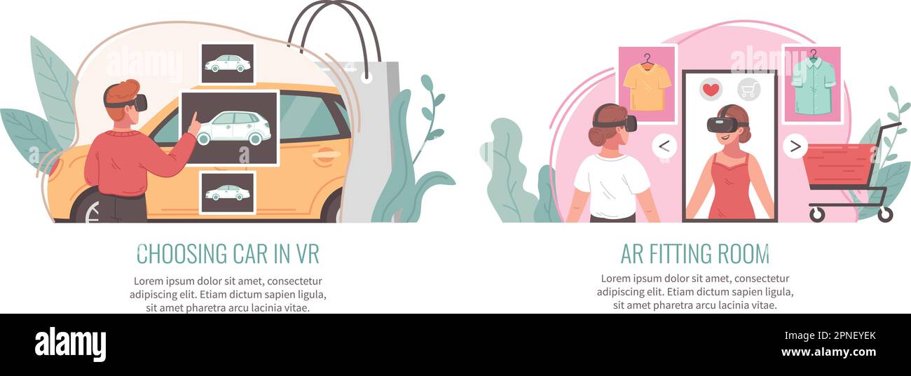 Virtual augmented reality flat icons set with car and clothes shopping ...