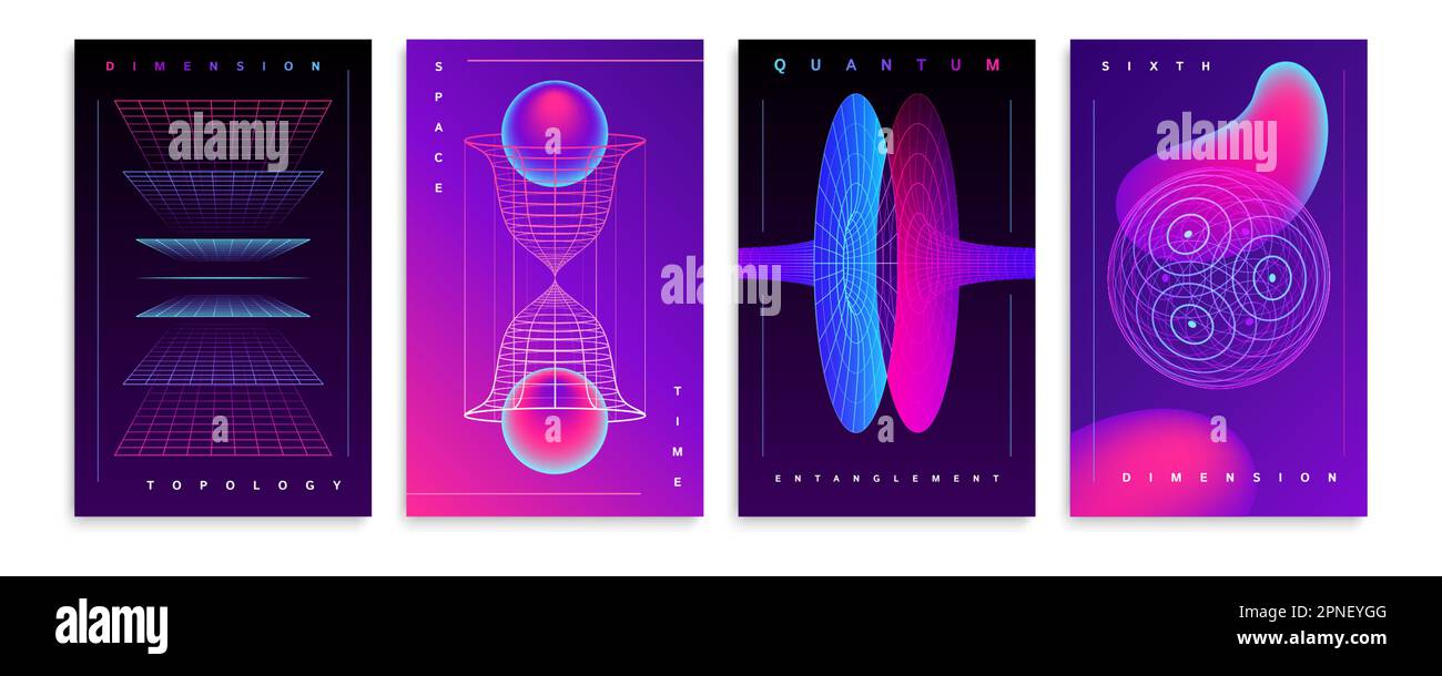 Realistic vertical neon color posters set with abstract 3d shapes ...