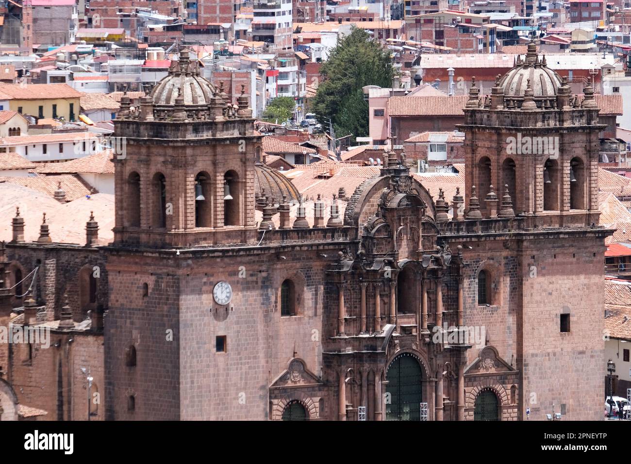Cusco cathedral dome exterior view with building background in Plaza de ...