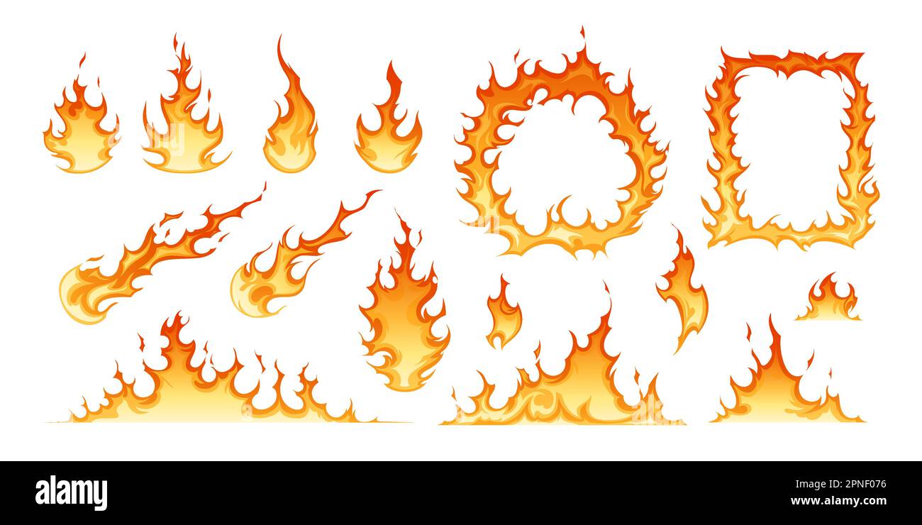 Fire and flames of different shapes and sizes flat set isolated on ...