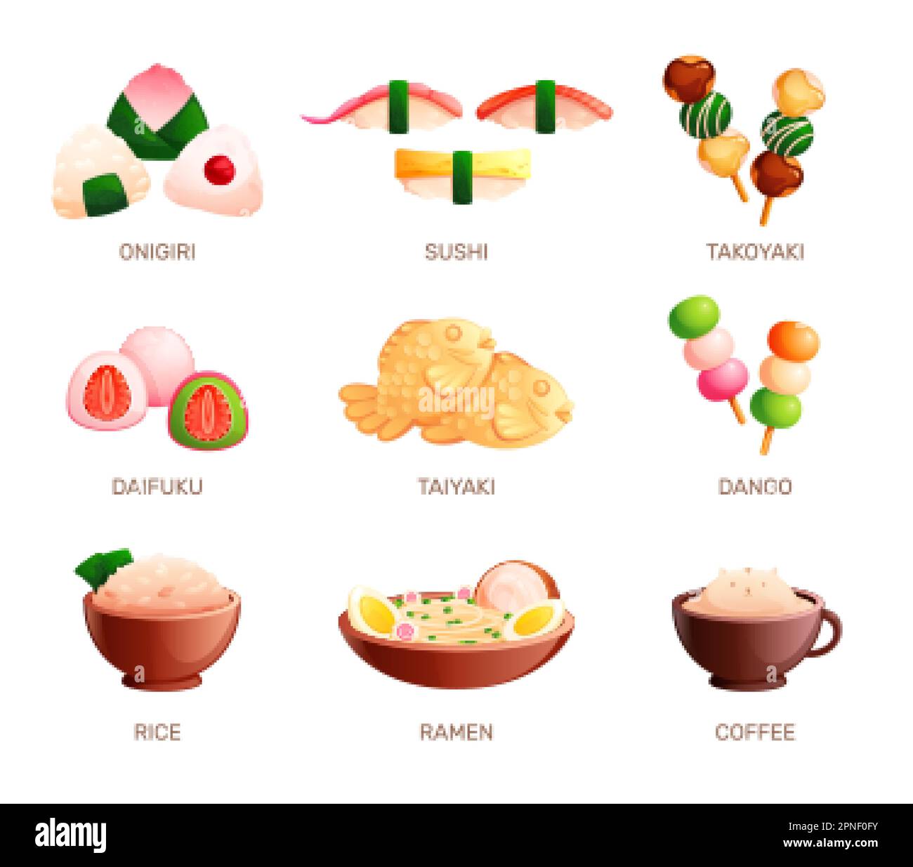 Flat cute asian food set with rice ramen sushi daifuku onigiri coffee ...