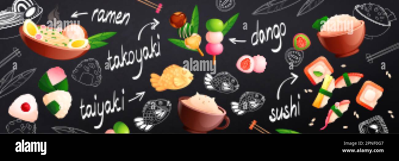 Cute asian food seamless pattern with ramen sushi dango taiyaki ...