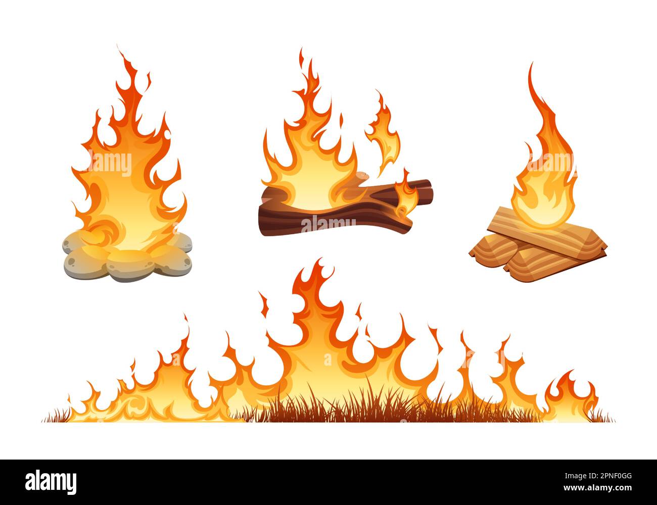 Fire flames set in flat style with burning wood grass and campfire ...