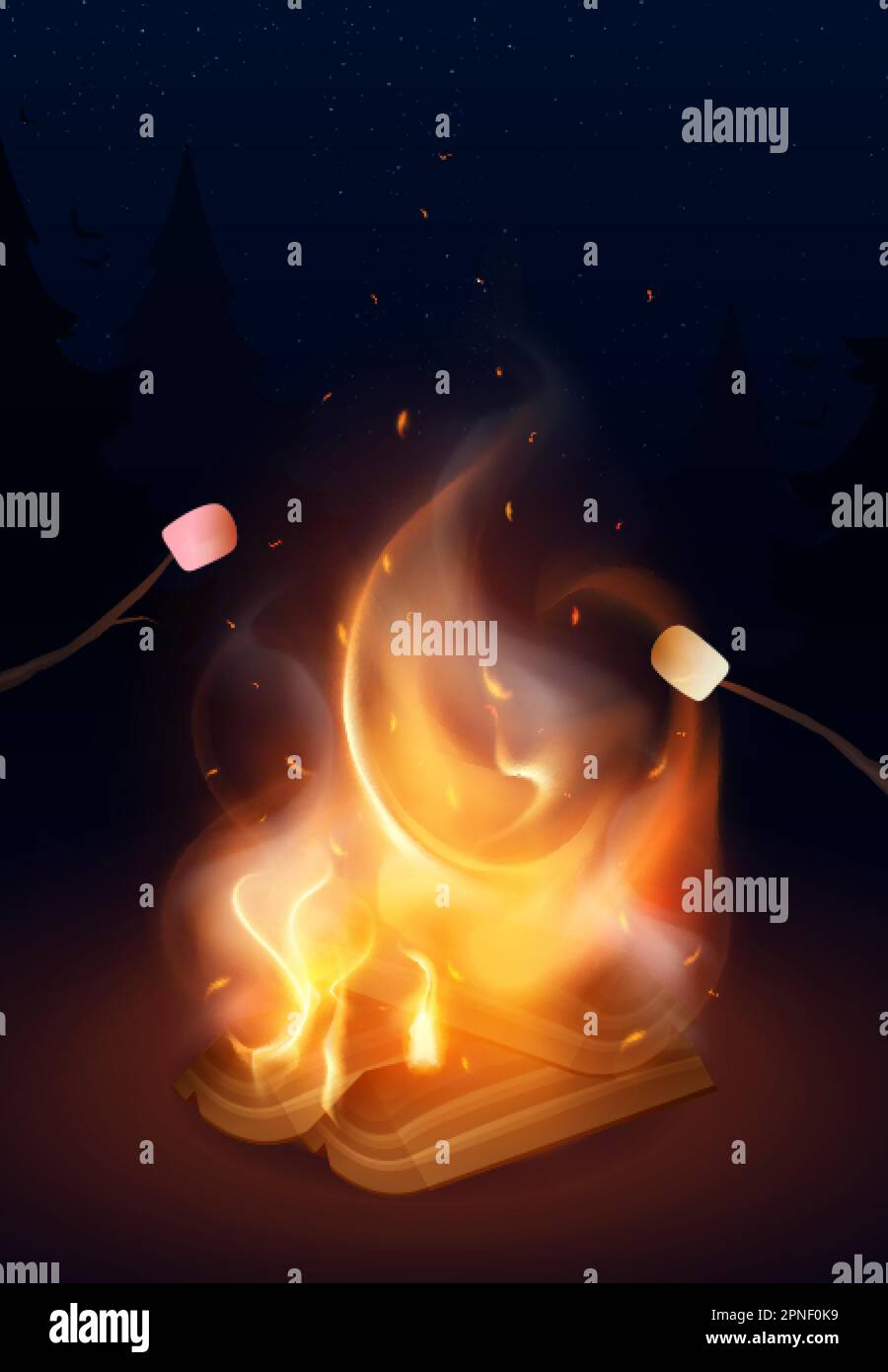 Realistic campfire with roasting marshmallows on sticks in background ...