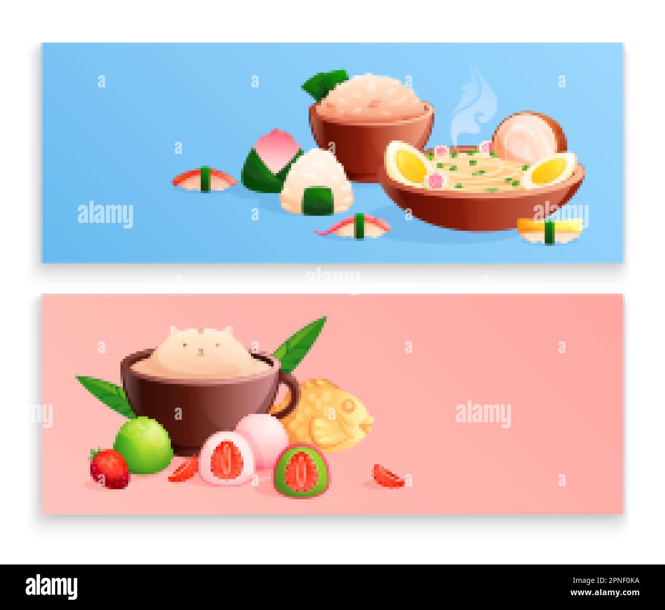 Asian food flat color background horizontal banners set with cute ...