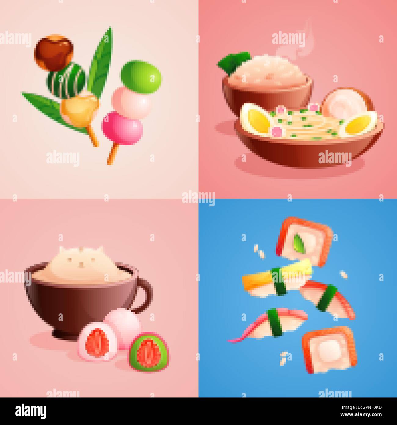 Asian food popular cute dishes flat 2x2 set isolated on color ...