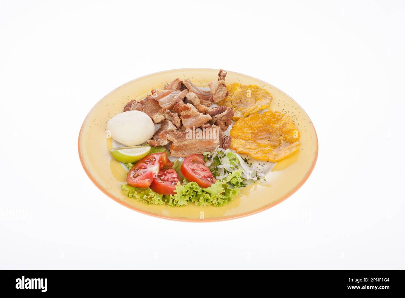 Colombian Food, Fried Chicharron Accompanied By Salad, Patacon, And ...