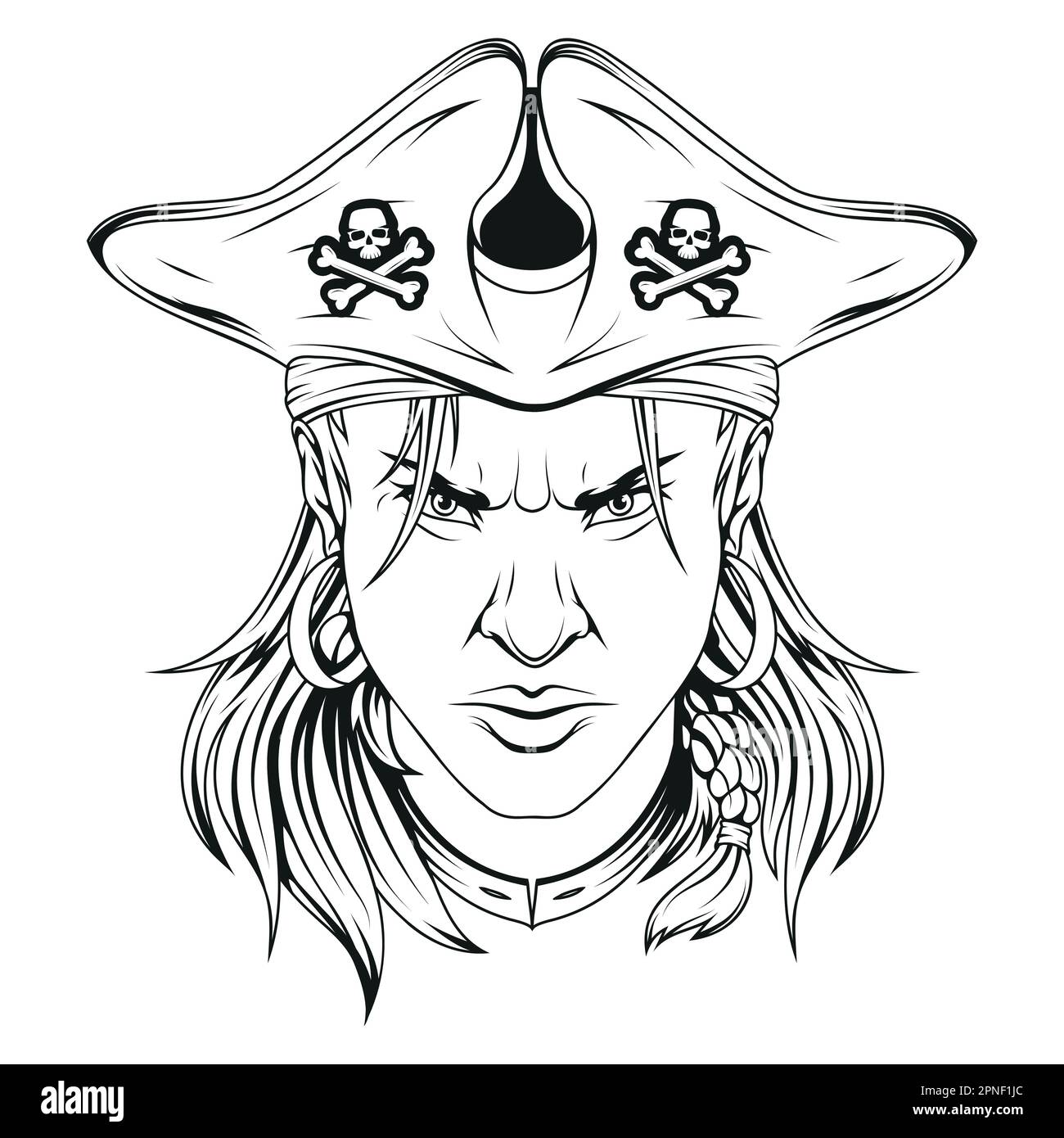 Pirate girl. Vector illustration of a sketch woman in big hat. Female ...