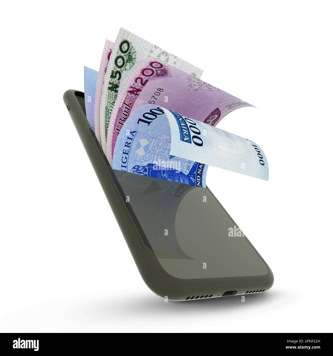 3D rendering of Nigerian naira notes inside a mobile phone. money ...