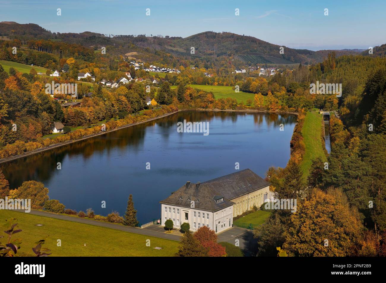 Langscheid power station and stilling basin, Sorpe reservoir, Germany ...