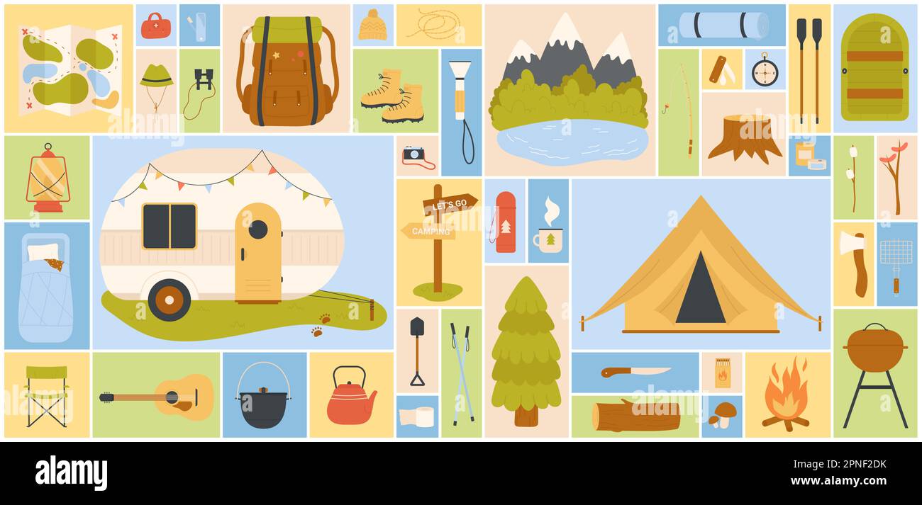 Cartoon travel activity collection with tent and camper van for ...