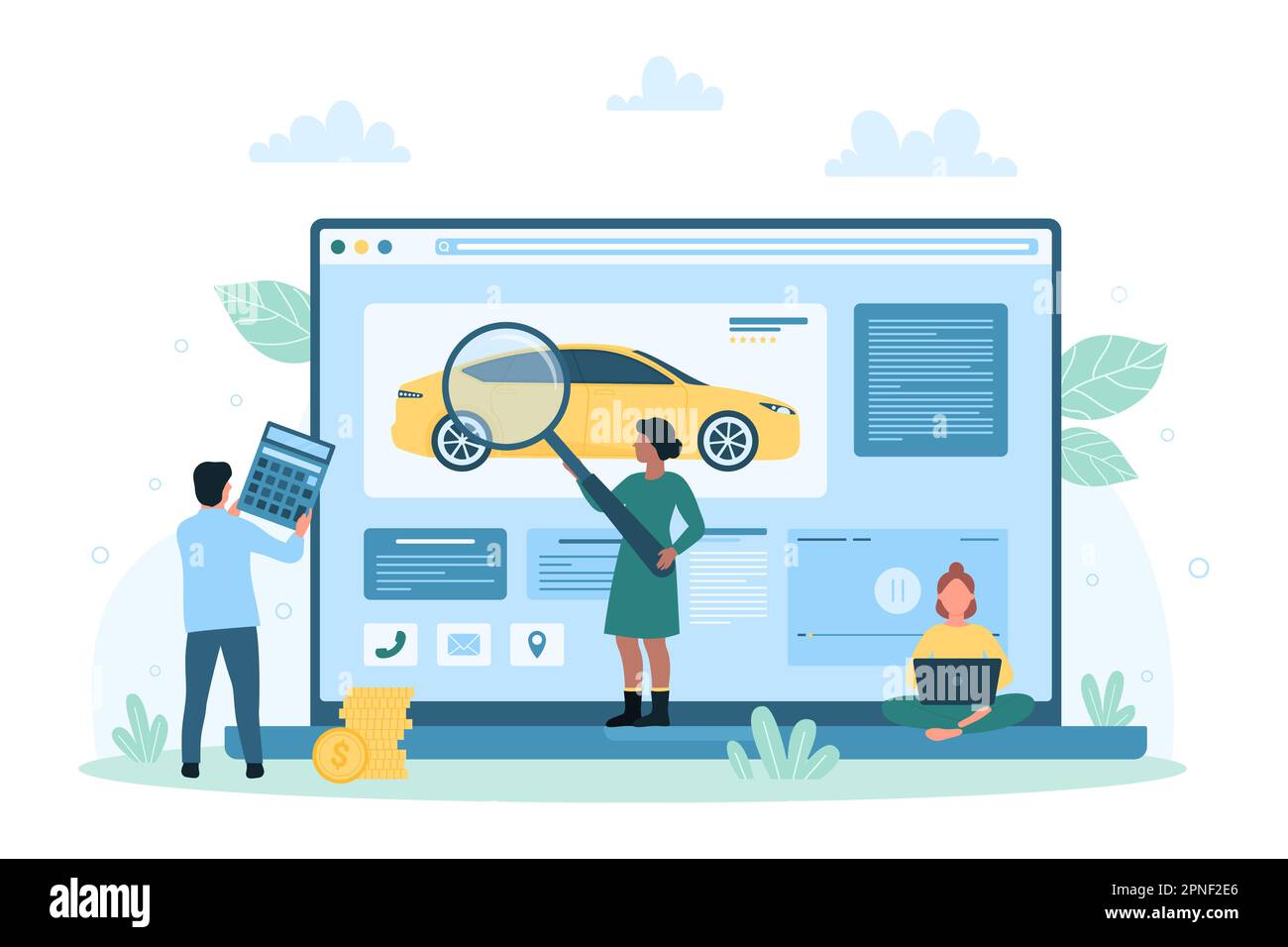 Car search online vector illustration. Cartoon tiny people holding ...