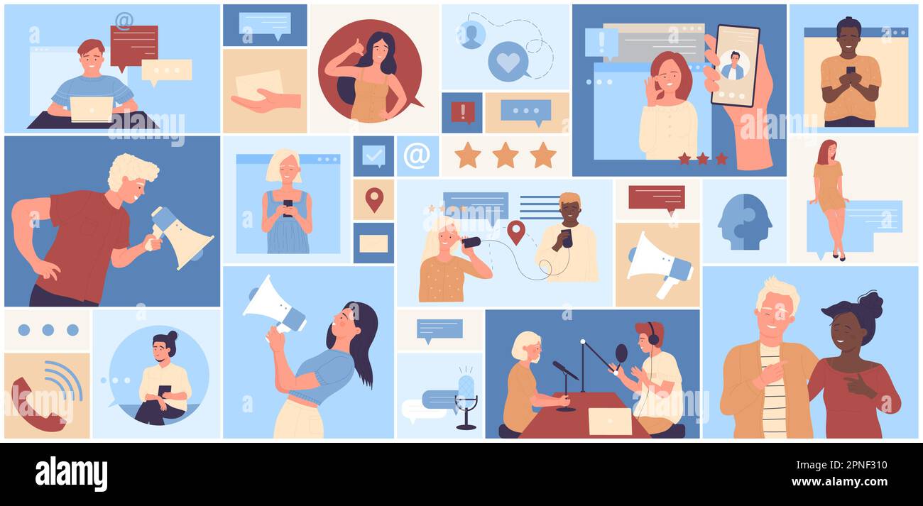 Cartoon people announce news in megaphone, communicate with messages ...