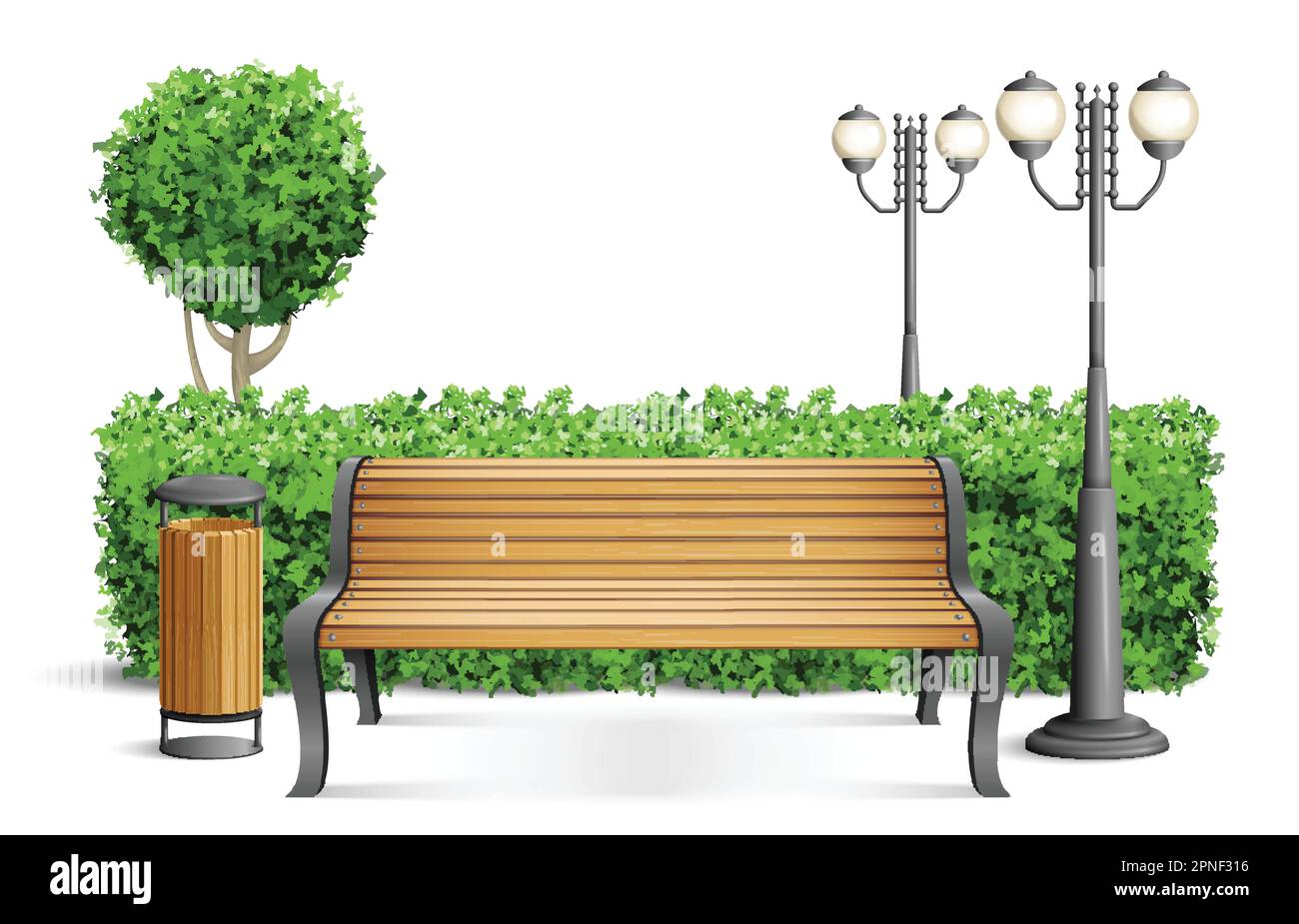 Realistic wooden park bench composition bench stands by the fence of ...