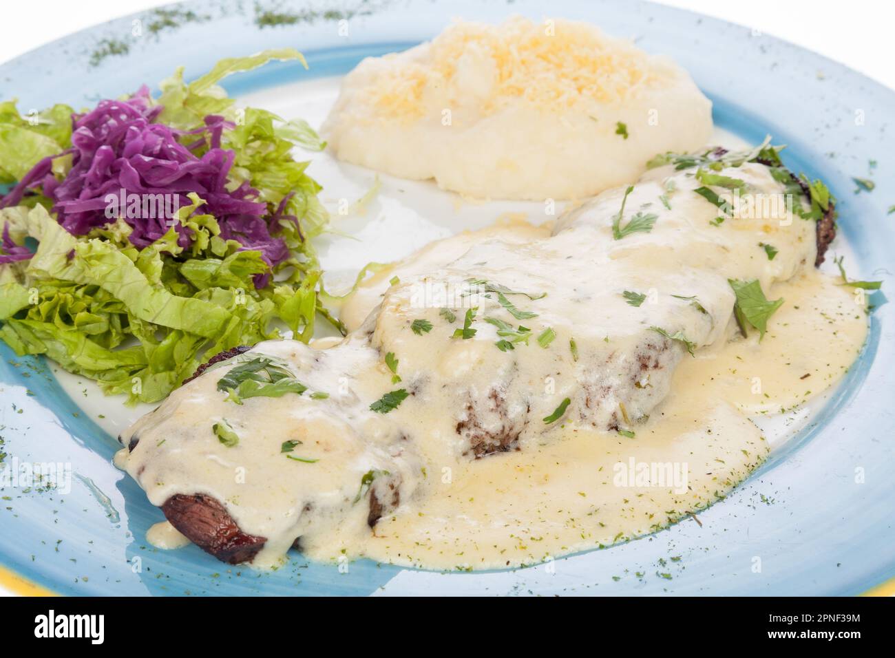 Delicious Grilled Steak Topped With Cheese Sauce Served With Salad And ...
